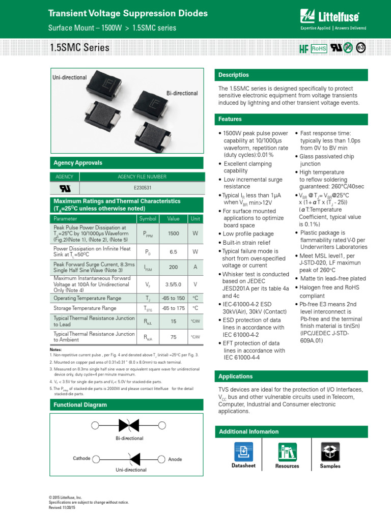 Littelfuse TVS Diode 1 5SMC Datasheet PDF | Download Free PDF | Electrical Engineering | Electricity
