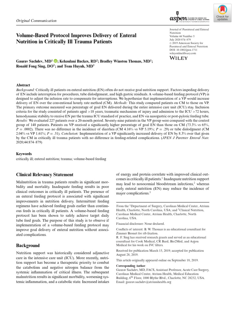 Volume-Based Protocol Improves Delivery of Enteral Nutrition in ...