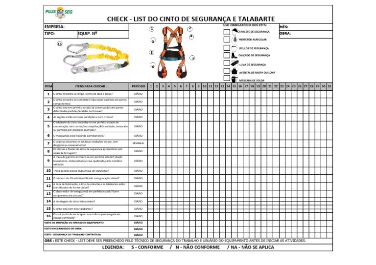 Checklist de Cinto de Segurança e Talabarte | PDF