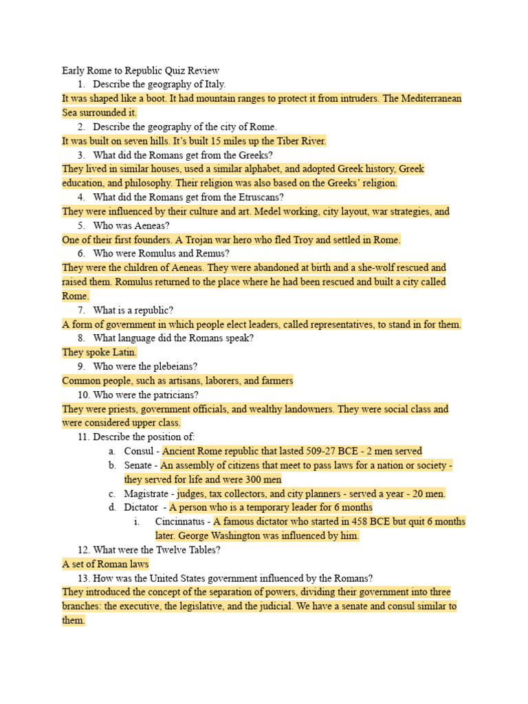 Early Rome To Republic Quiz Review | Download Free PDF | Ancient Rome | Roman Republic