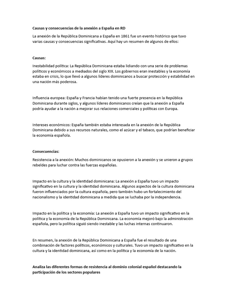 Anexión RD a España: Causas y Efectos | PDF | República Dominicana ...