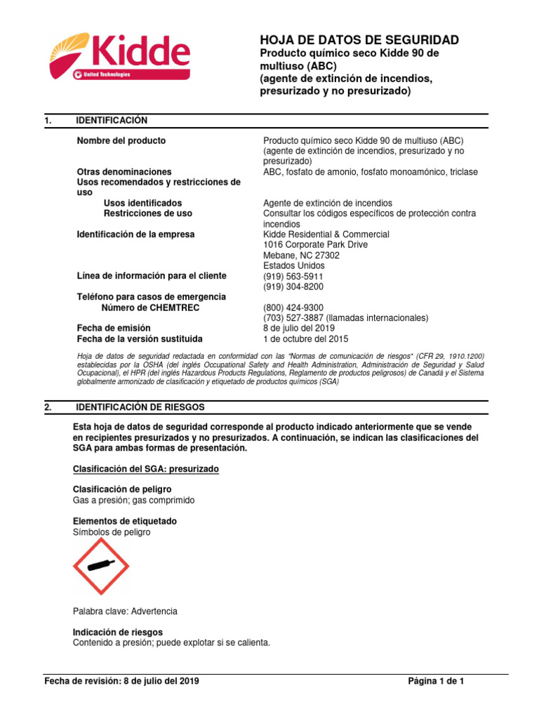 Hoja Se Eguridad Polvo Quimico Seco Sds Kidde Multipurpose ABC 90 Dry Chemical Spa | PDF ...