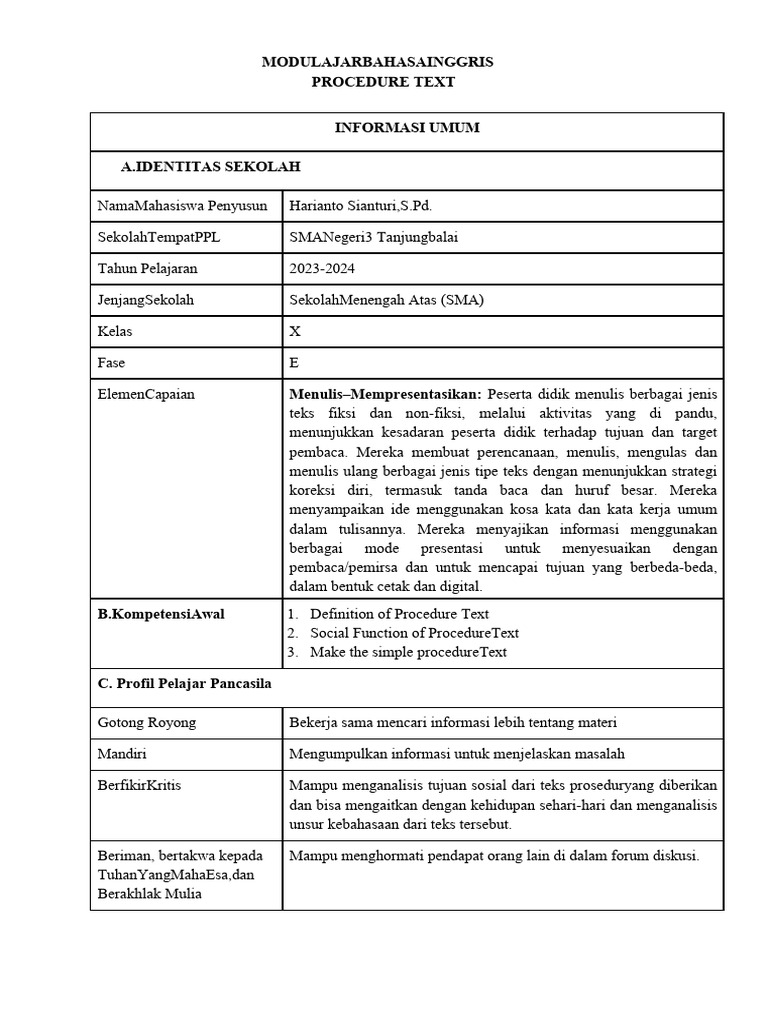 Modul Ajar Procedure Text | PDF