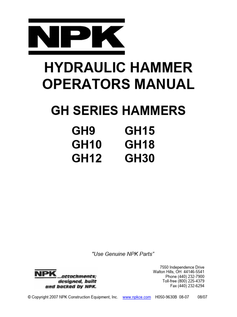 NPK Hydraulic Hammer Models GH9-GH30 Operation | PDF | Friction | Lubricant