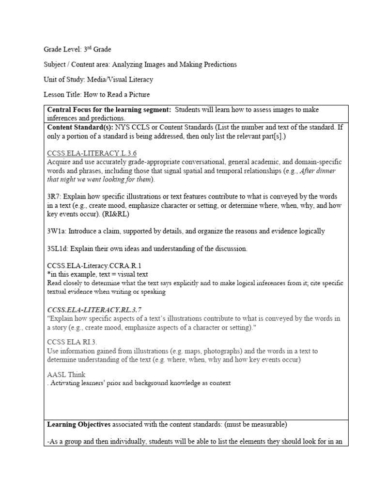 lesson plan outline assessing an image | PDF | Educational Assessment ...