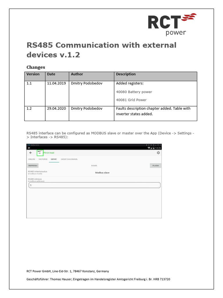 RCT Power RS485 Communication 20200429 v.1.2 | PDF | Electrical Engineering | Computer Engineering