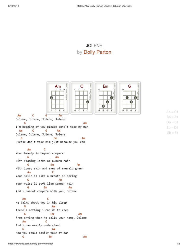 Jolene - by Dolly Parton Ukulele Tabs On UkuTabs | PDF | Number One ...