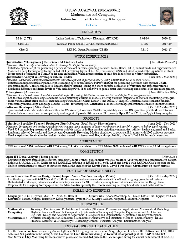 Utsav Agarwal Iit Kharagpur Pdf Modern Portfolio Theory