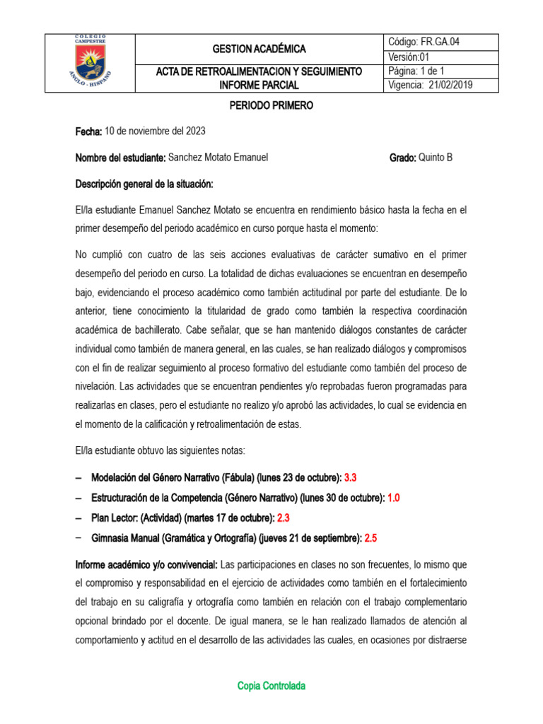 CCAH 2023-2024 Formato Acta Seguimiento Informe Parcial | PDF