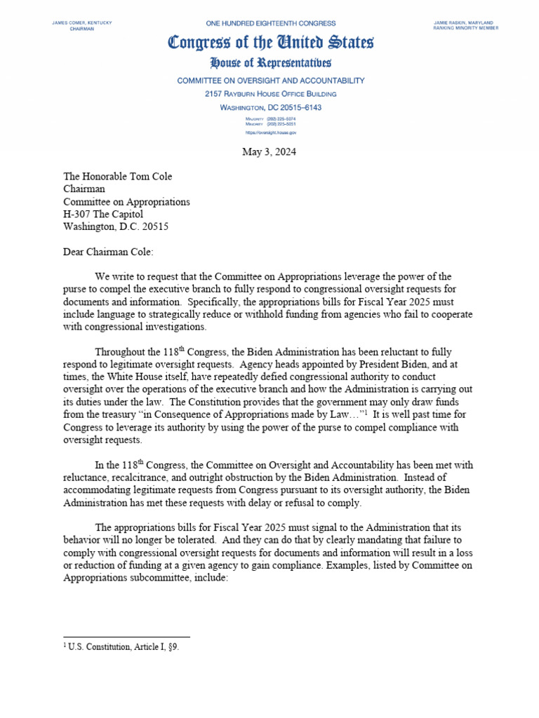 Letter To Chairman Cole Re Congressional Oversight | PDF | Food And ...