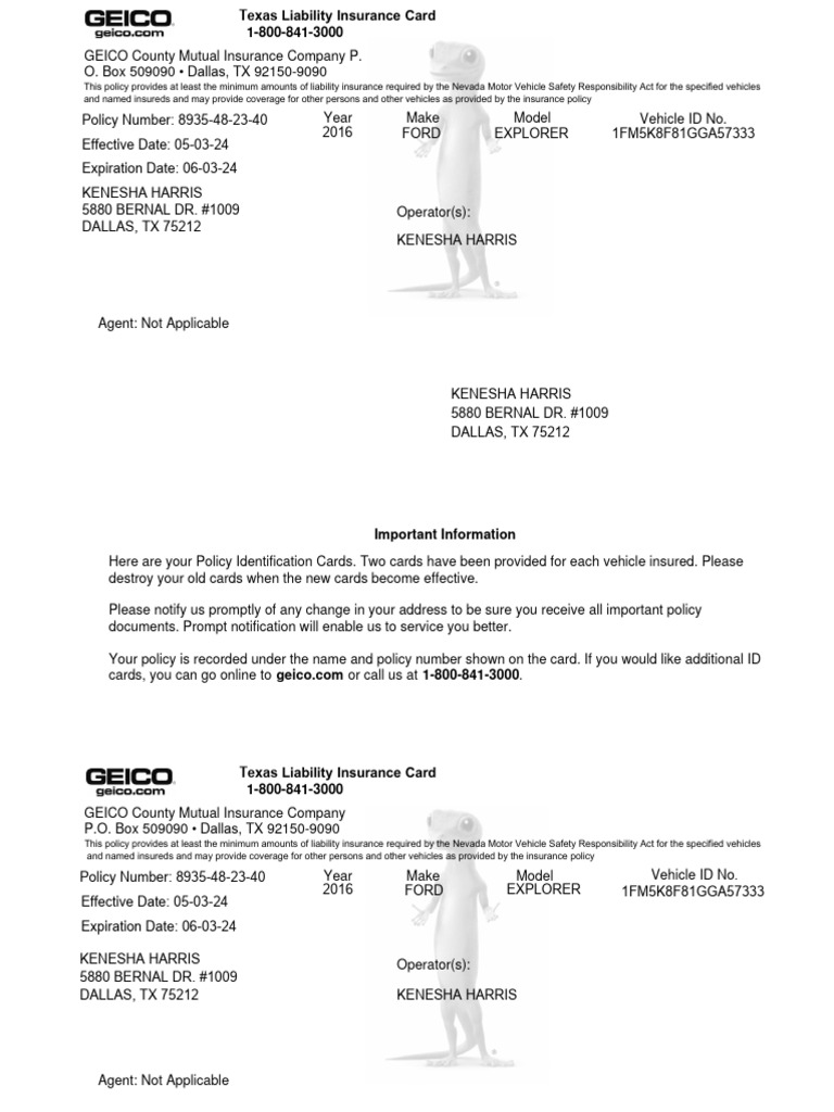 Geico Liability Texas 2016 Ford Explorer | PDF | Insurance | Liability ...