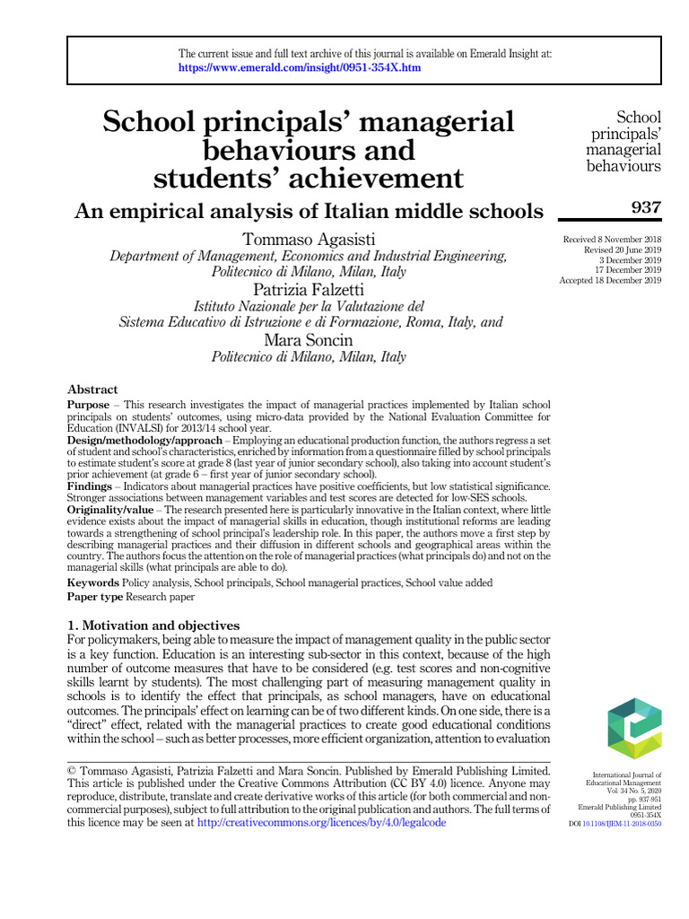 School Principals' Managerial Behaviours and Students' Achievement An ...