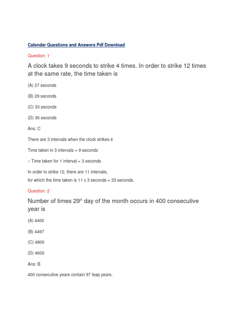 Calendar Aptitude Questions Answers | PDF | Teaching Methods & Materials