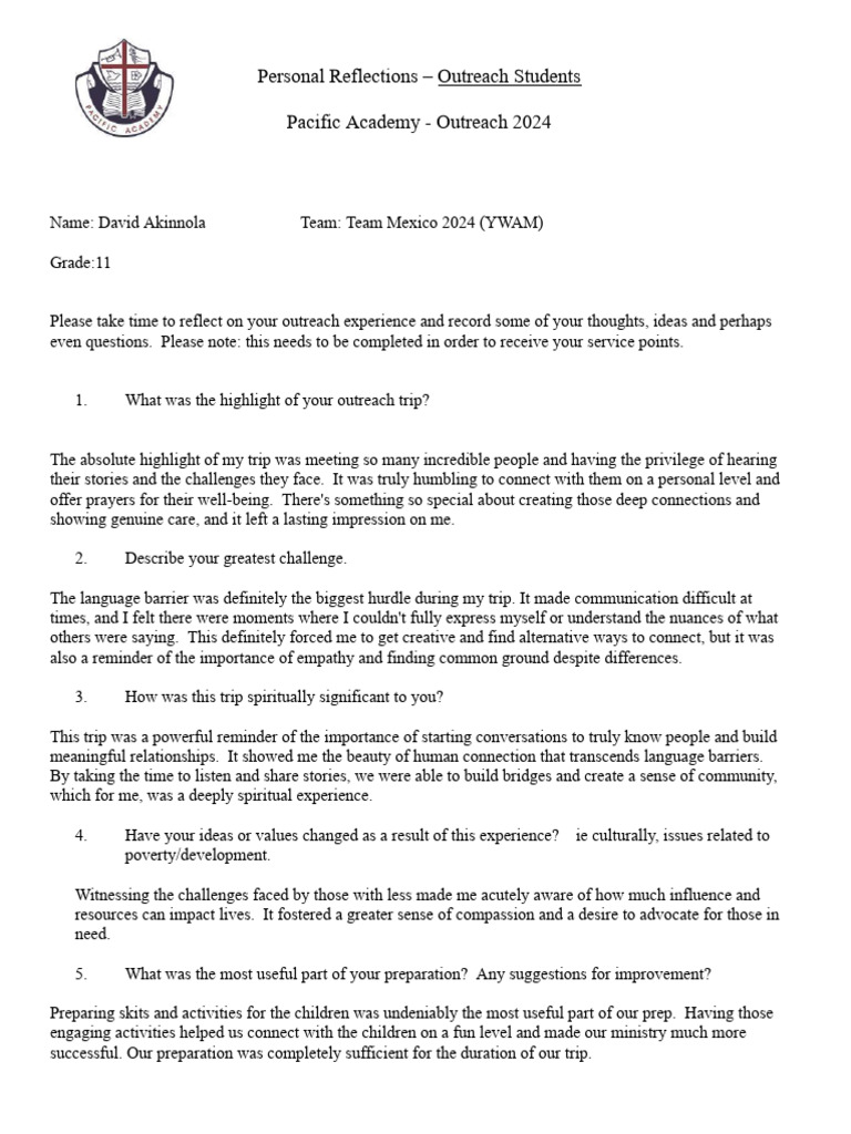 Outreach Student Personal Reflections Feedback Form | PDF | Social ...