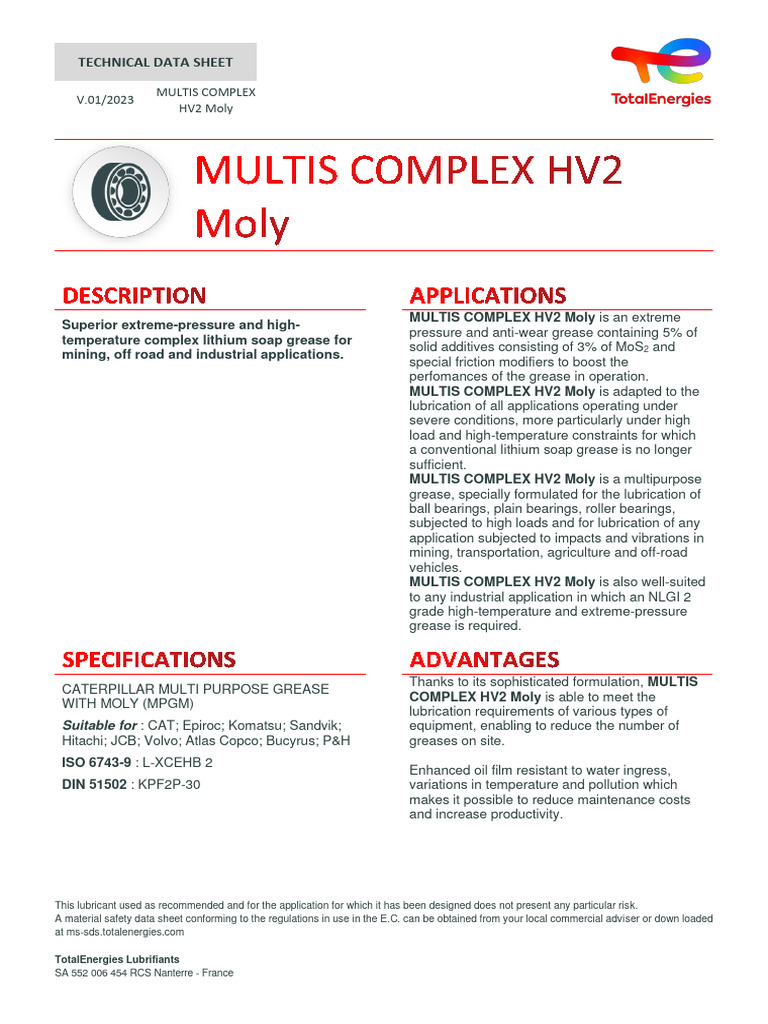 TotalEnergies Multis Complex HV2 Moly | PDF | Lubricant | Bearing ...