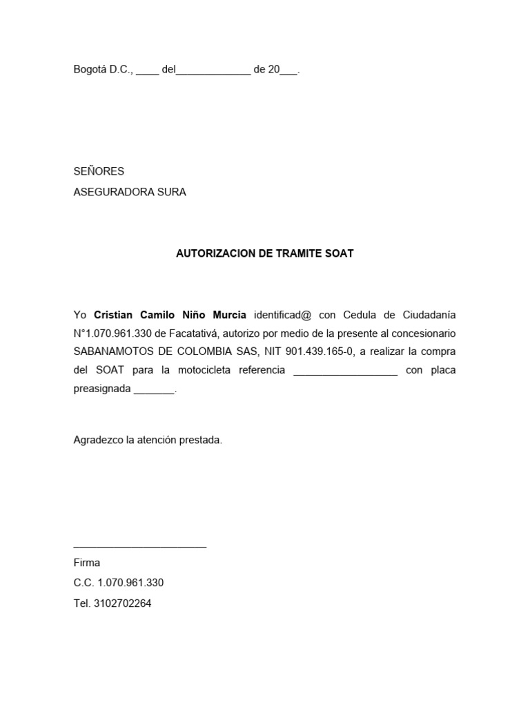 Formato Autorizacion Soat | PDF