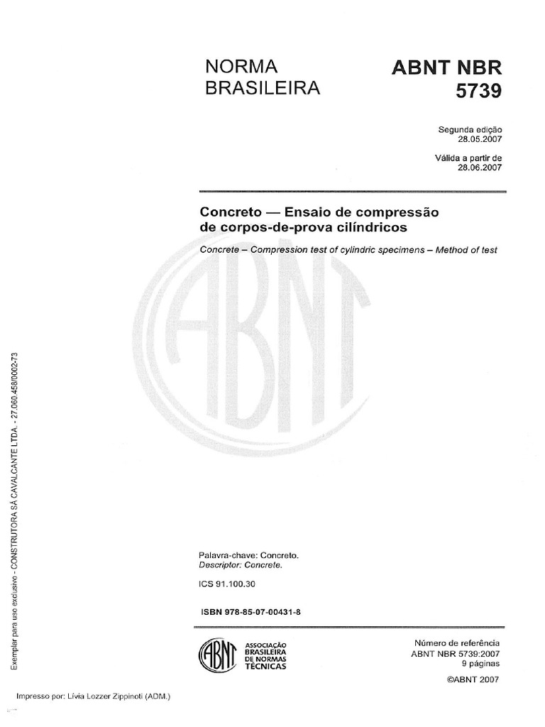 NBR 5739 - Concreto Ensaios de Compressão de Corpos de Prova Cilíndricos | PDF