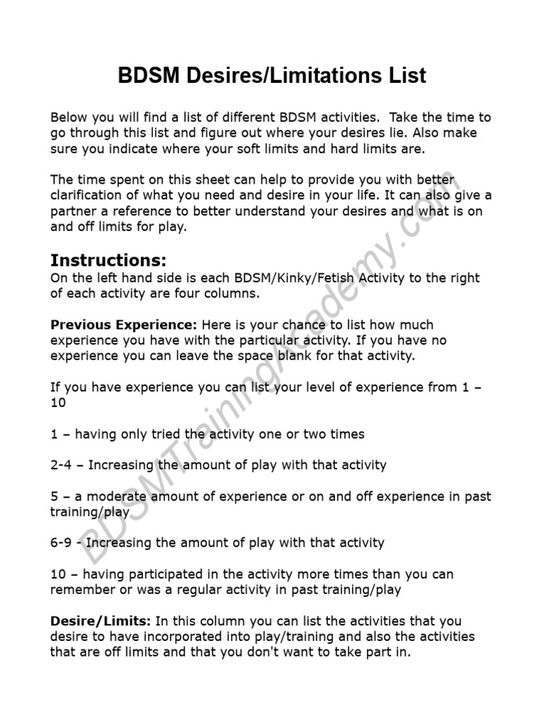 BDSM-Desire-Limits-List | PDF | Bdsm | Anal Sex