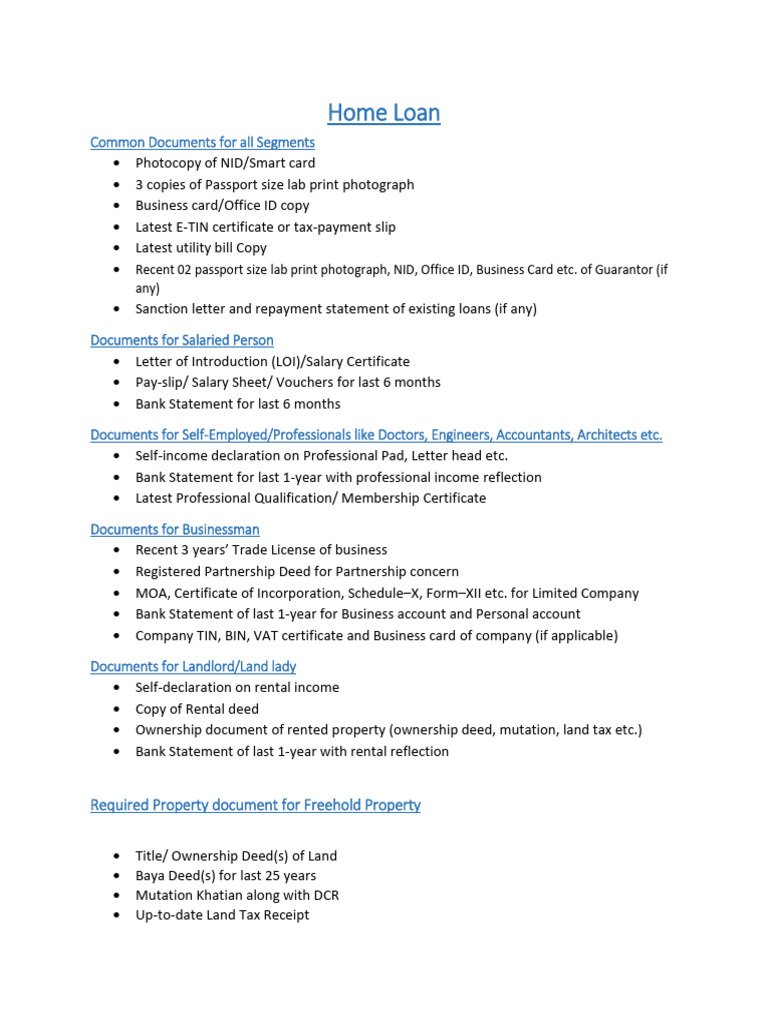 Basic Required Documents for Home Loan | PDF | Receipt | Deed