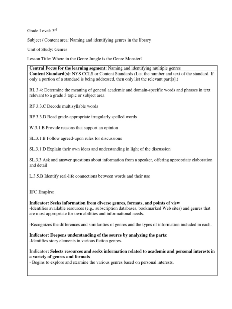 Lesson Plan Outline For Genre | PDF | Educational Assessment | Learning