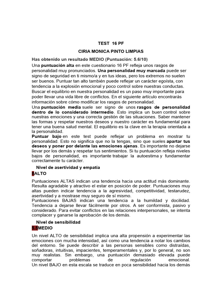 Tes 16 PF Ciria Pinto | PDF | Las emociones | Sicología