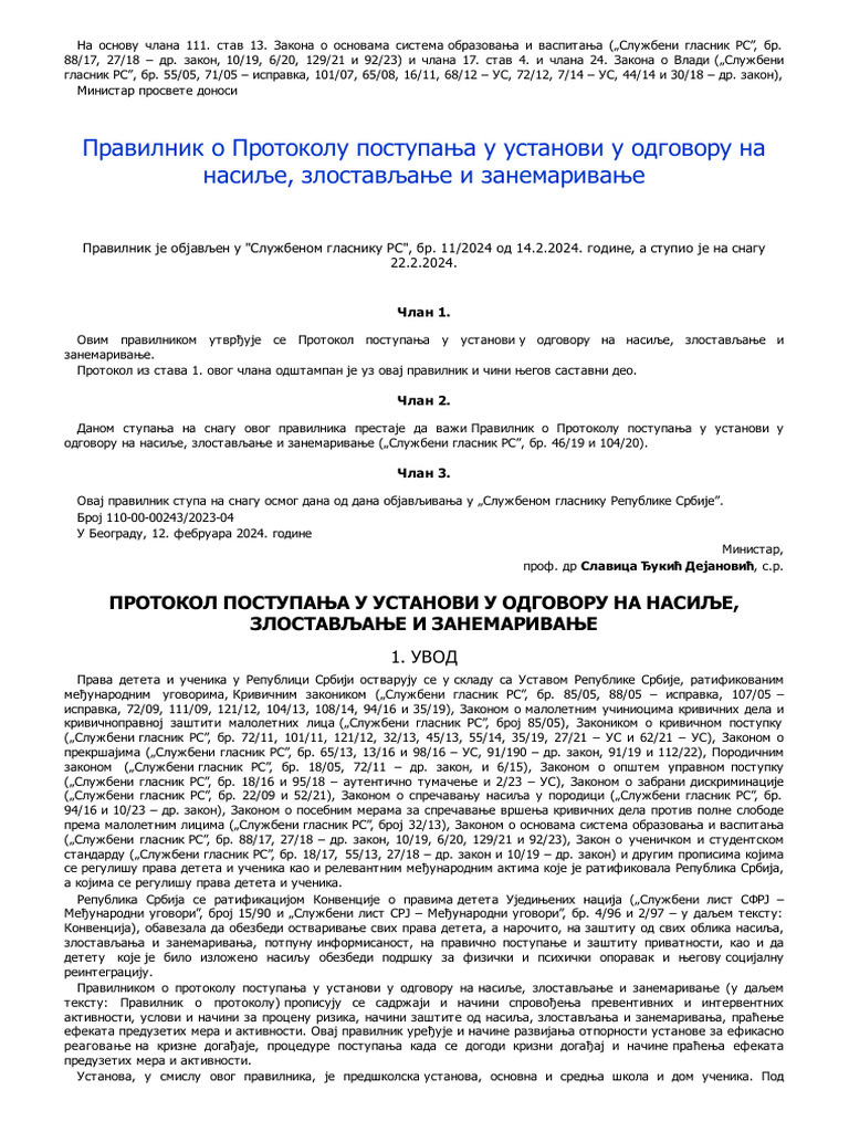 Pravilnik o Protokolu Postupanja U Ustanovi | PDF