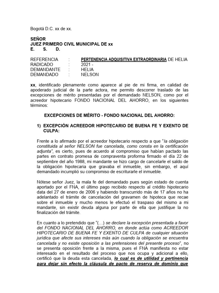 ESCRITO DESCORRIENDO TRASLADO EXCEPCIONES DE MERITO FNA y DEMANDADO ...