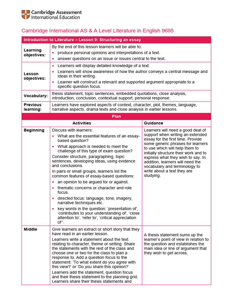 Lesson 9 Structuring an essay | PDF | Essays | Learning