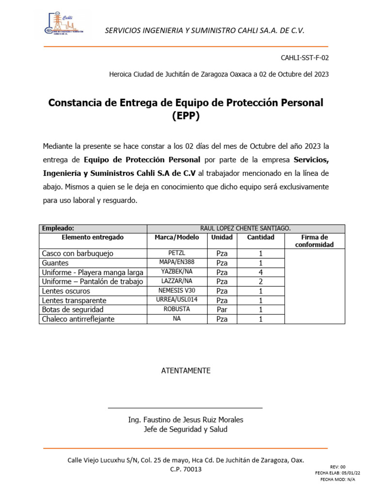 Cahli-Sst-F-02 - Constancia de Entrega de Epp | PDF