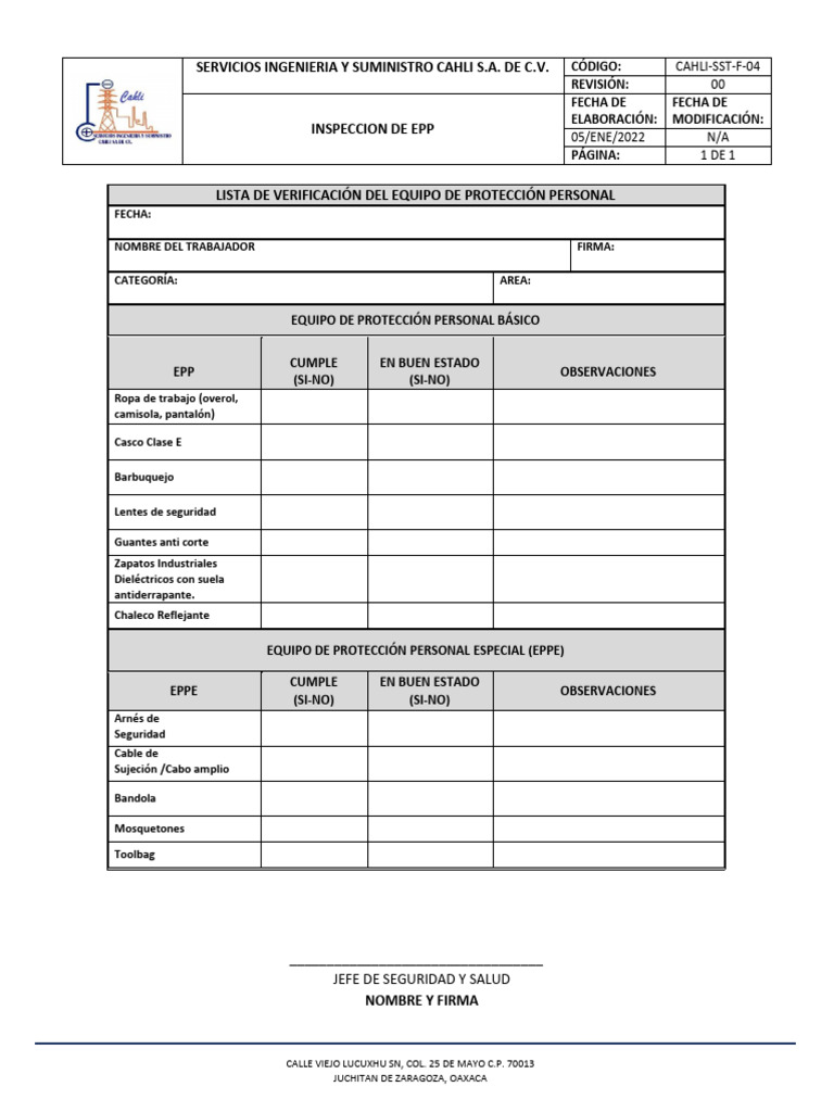 Cahli-Sst-F-04 - Inspeccion de Epp | PDF