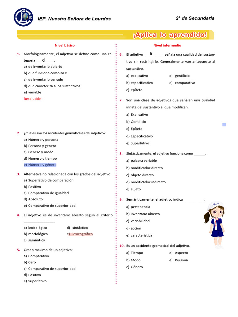 Ficha de Trabajo Adjetivo. - 2° | PDF | Adjetivo | Palabra