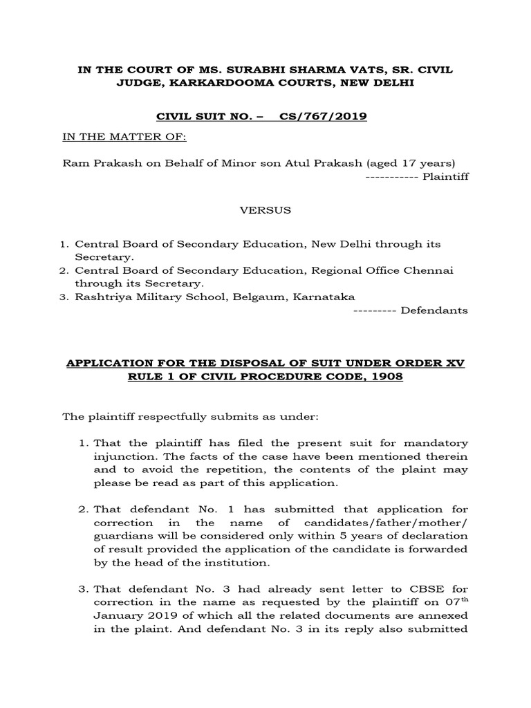 Application for Suit Disposal Under CPC | PDF | Affidavit | Lawsuit