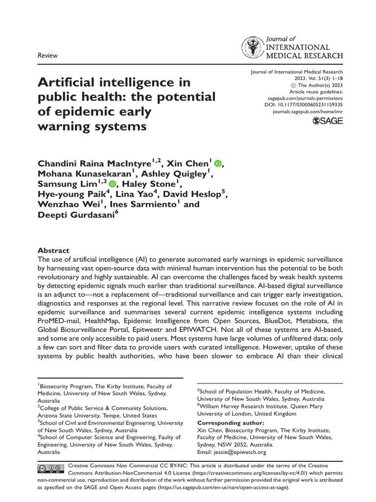 Artificial Intelligence in Public Health: The Potential of Epidemic ...