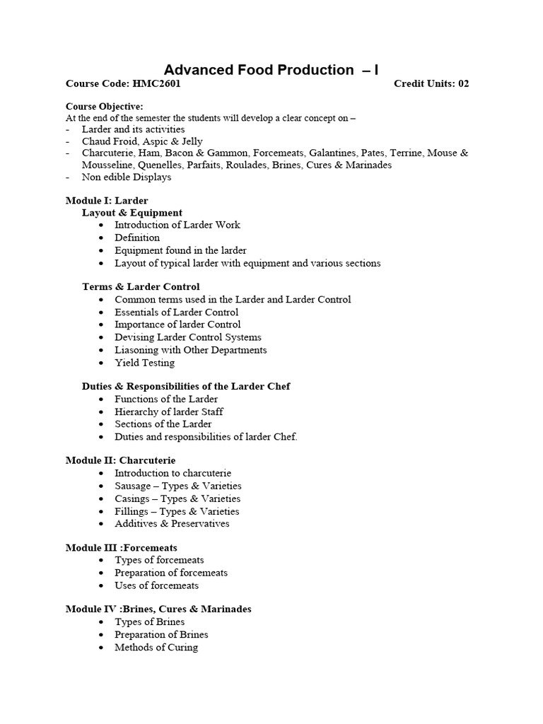 Advanced Food Production Course Overview | PDF | Ham | Animal Products