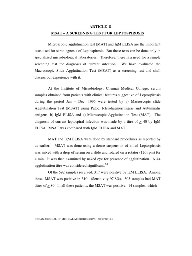 MSAT: Effective Leptospirosis Screening Test | PDF | Elisa | Screening ...