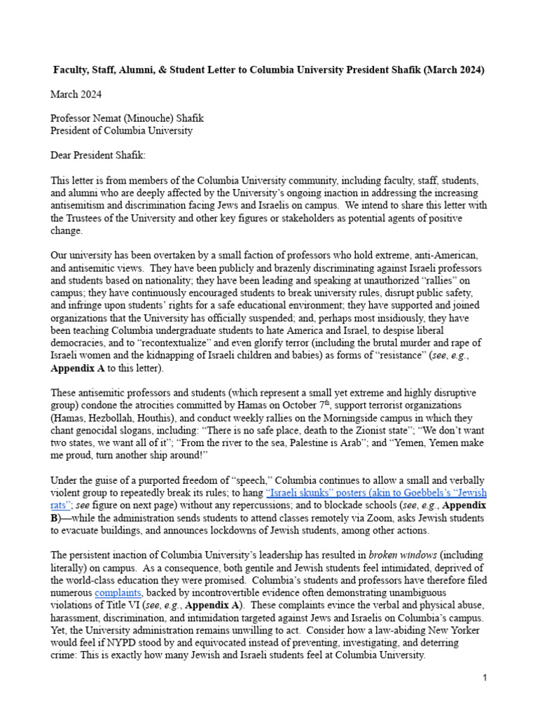 Faculty, Staff, Alumni, & Student Letter To Columbia University ...