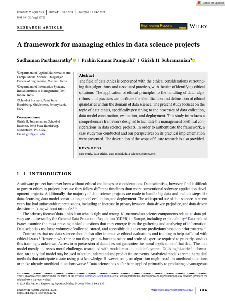 Engineering Reports - 2023 - Parthasarathy - A Framework for Managing Ethics in Data Science ...