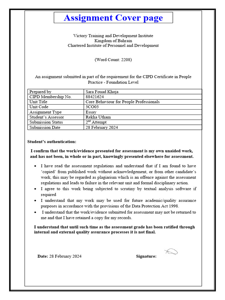 3CO03 Assignment, January 10th - Task 1+2 - Sara Khoja - Copy - Cover Page | PDF | Integrity ...