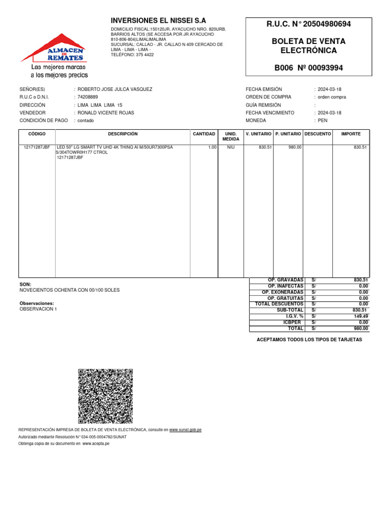 Boleta b006-00093994 | PDF