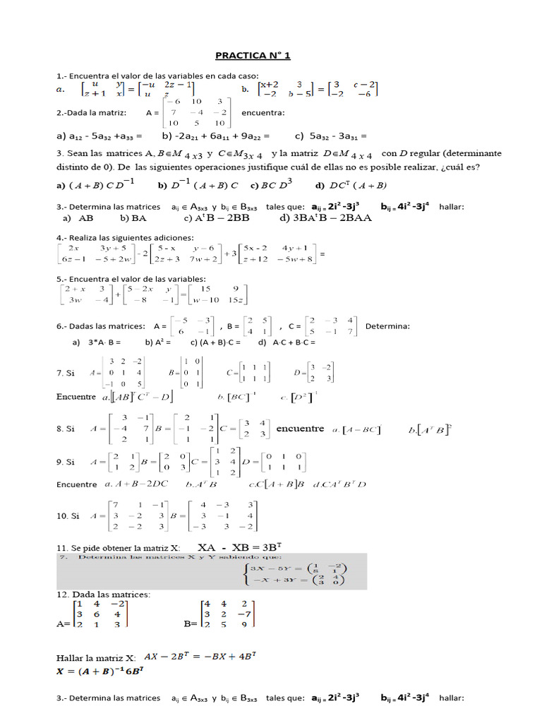 Ejercicios de Álgebra Lineal y Matrices | PDF | Matriz (Matemáticas)