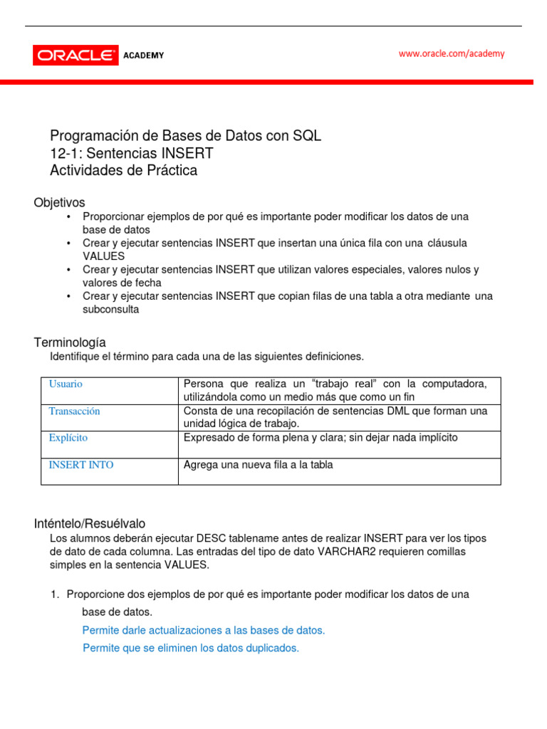DP 12 1 Practice Esp | Descargar gratis PDF | SQL | Software de gestión de datos