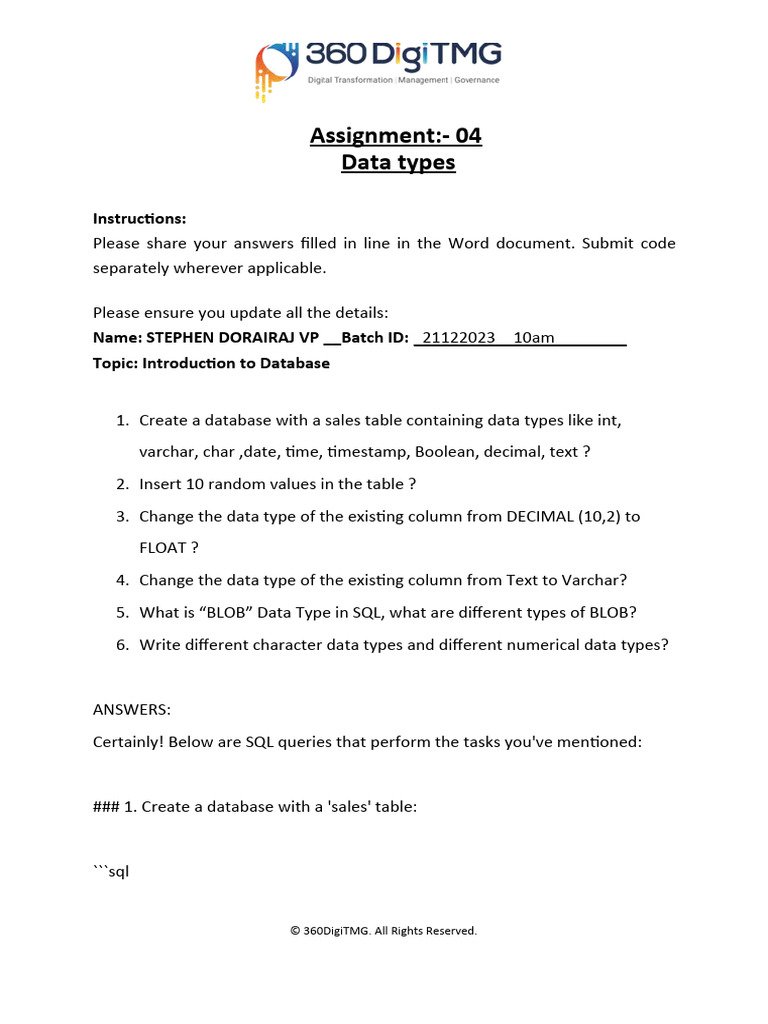 Assignment 04 Answers | PDF | Data Type | Databases
