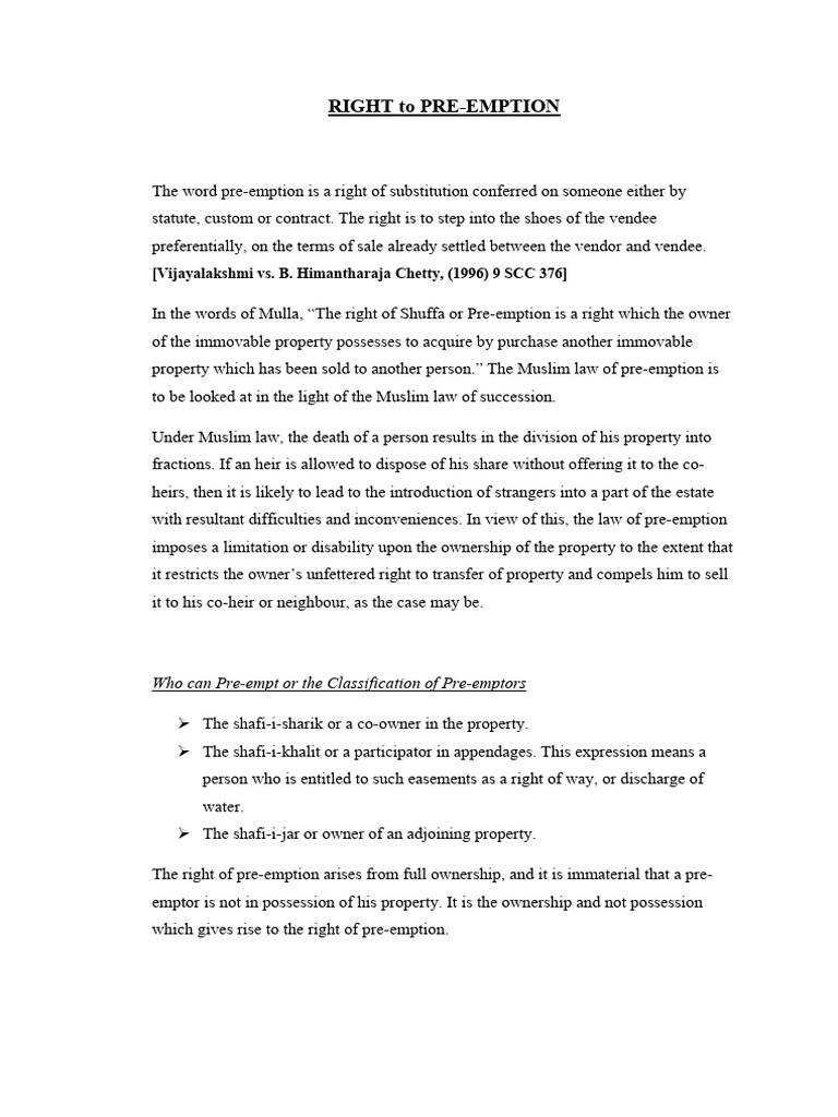 Right To Pre-Emption: (Vijayalakshmi vs. B. Himantharaja Chetty, (1996 ...