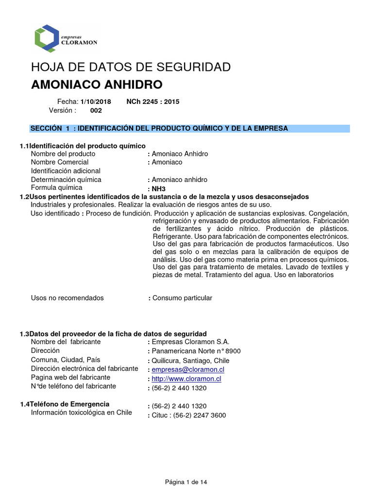 Hoja de Seguridad Amoniaco Anhidro | PDF | Agua | Amoníaco