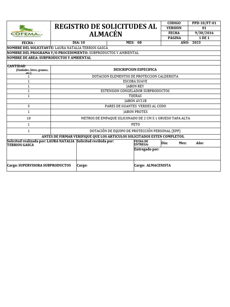 Solicitud Almacen | PDF | Materiales de construcción | Materiales