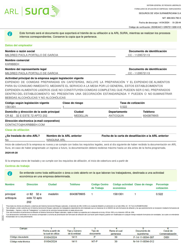 Formulario Afiliacion Arl Sura | PDF | Derecho laboral | Business