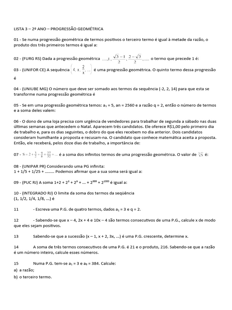 Lista 3 - PG - 2º Ano | PDF | Sequência | Analise matemática