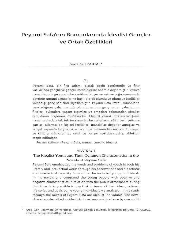 Peyami Safa'nın Romanlarında İdealist Gençler Ve Ortak Özellikleri | PDF