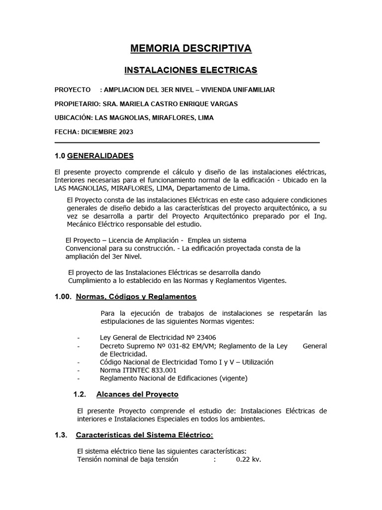 Electricas Memoria Descriptiva | PDF | Electricidad de red | Conductor electrico