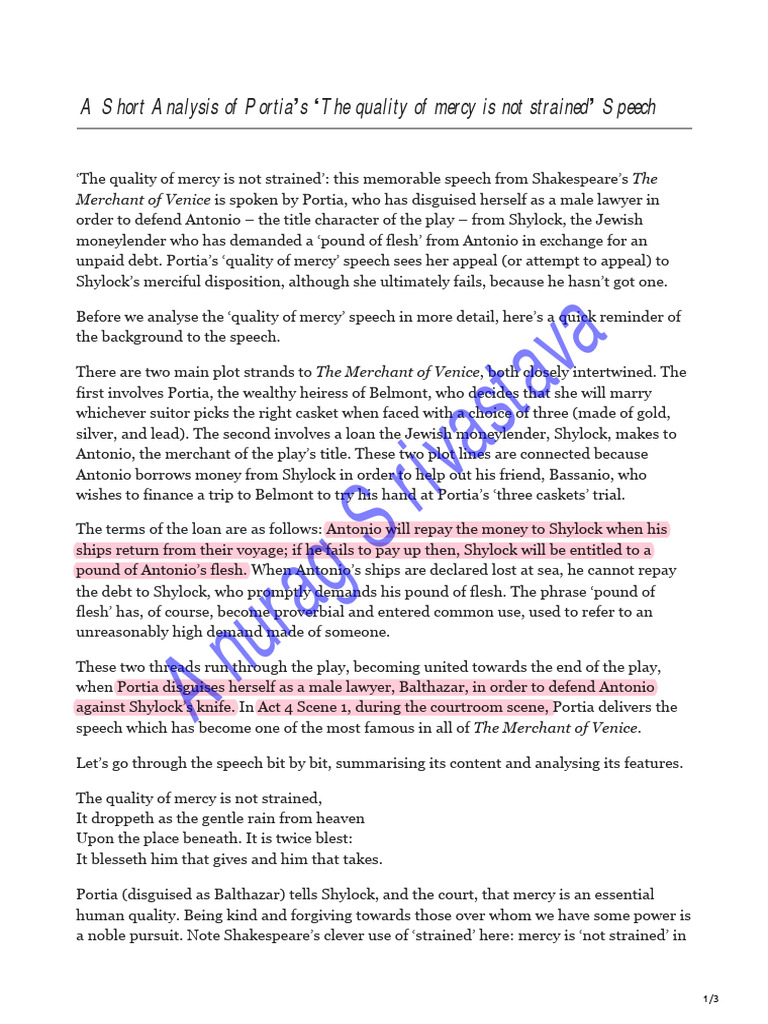 A Short Analysis of Portias The Quality of Mercy Is Not Strained Speech ...